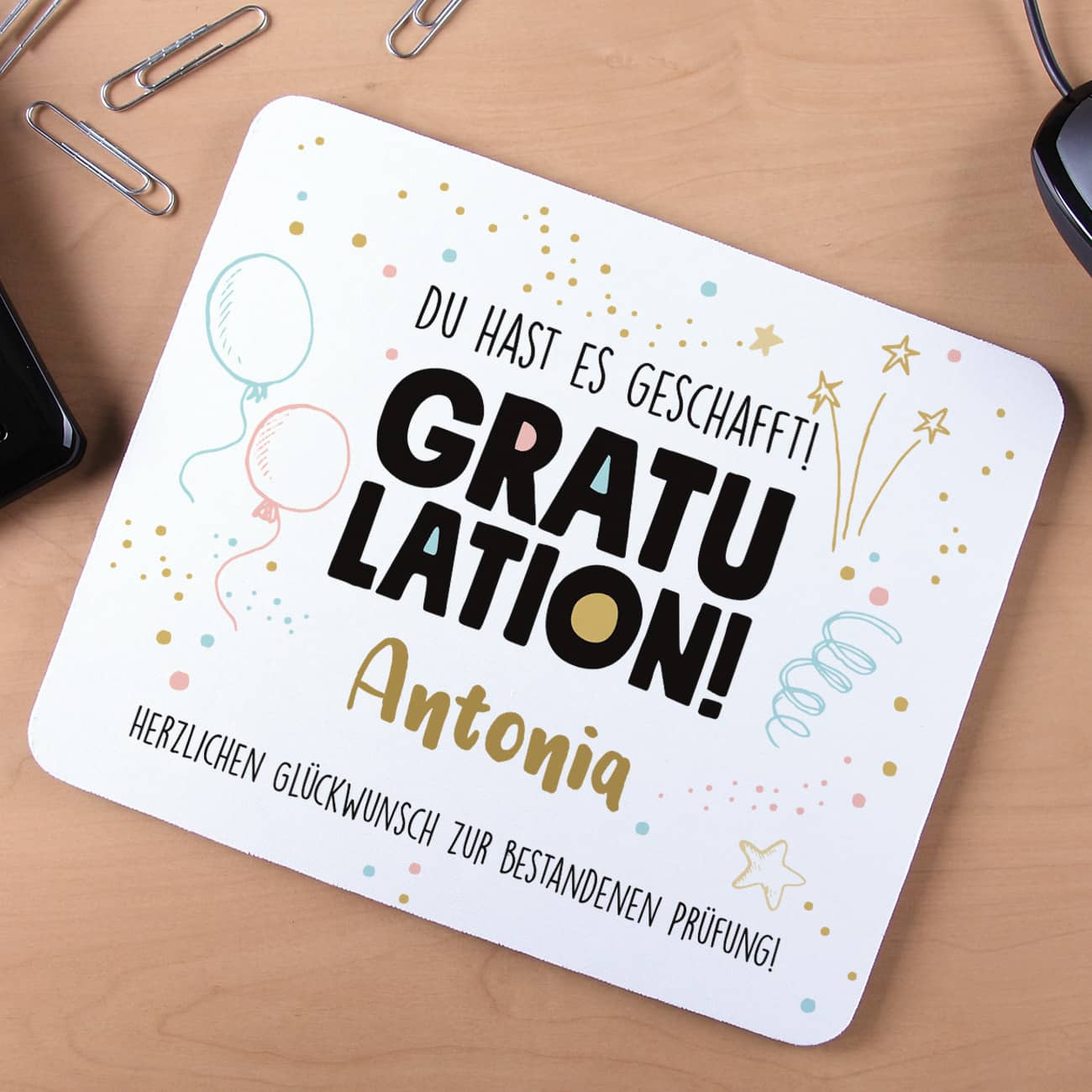 Gratulation, du hast es geschafft! Mousepad für besondere Leistungen mit Name und Wunschtext ...