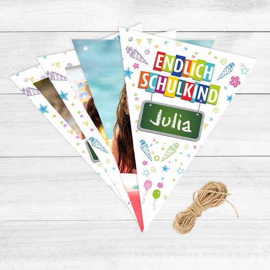 Fotowimpel zur Einschulung Endlich Schulkind mit 3 Fotos & Name ...