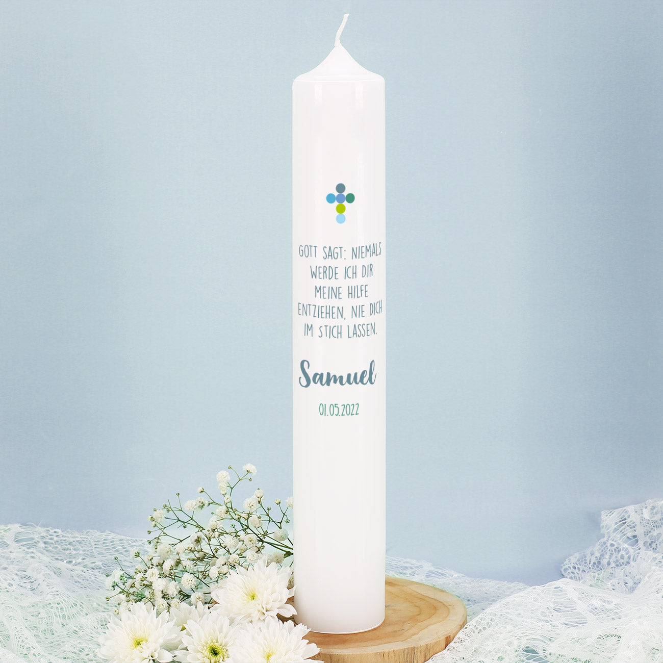 Personalisierte Kommunionkerze mit gepunktetem Kreuz, Name, Datum und ...